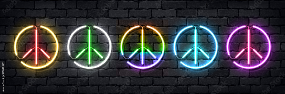 Vector set of realistic isolated neon sign of Peace logo for decoration ...