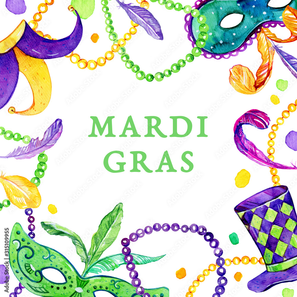 Mardi Gras rectangular frame design template. Hand drawn watercolor ...