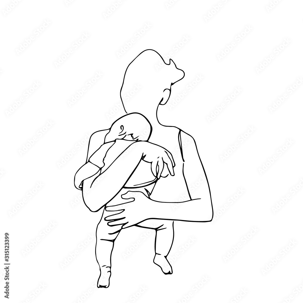 Vettoriale Stock Mom with baby. Hand draw single line art. Mother ...
