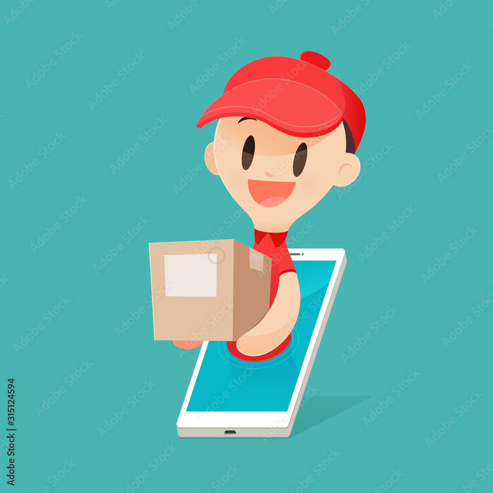 Cartoon Delivery Man Brings A Goods To A Customer From Smartphone ...