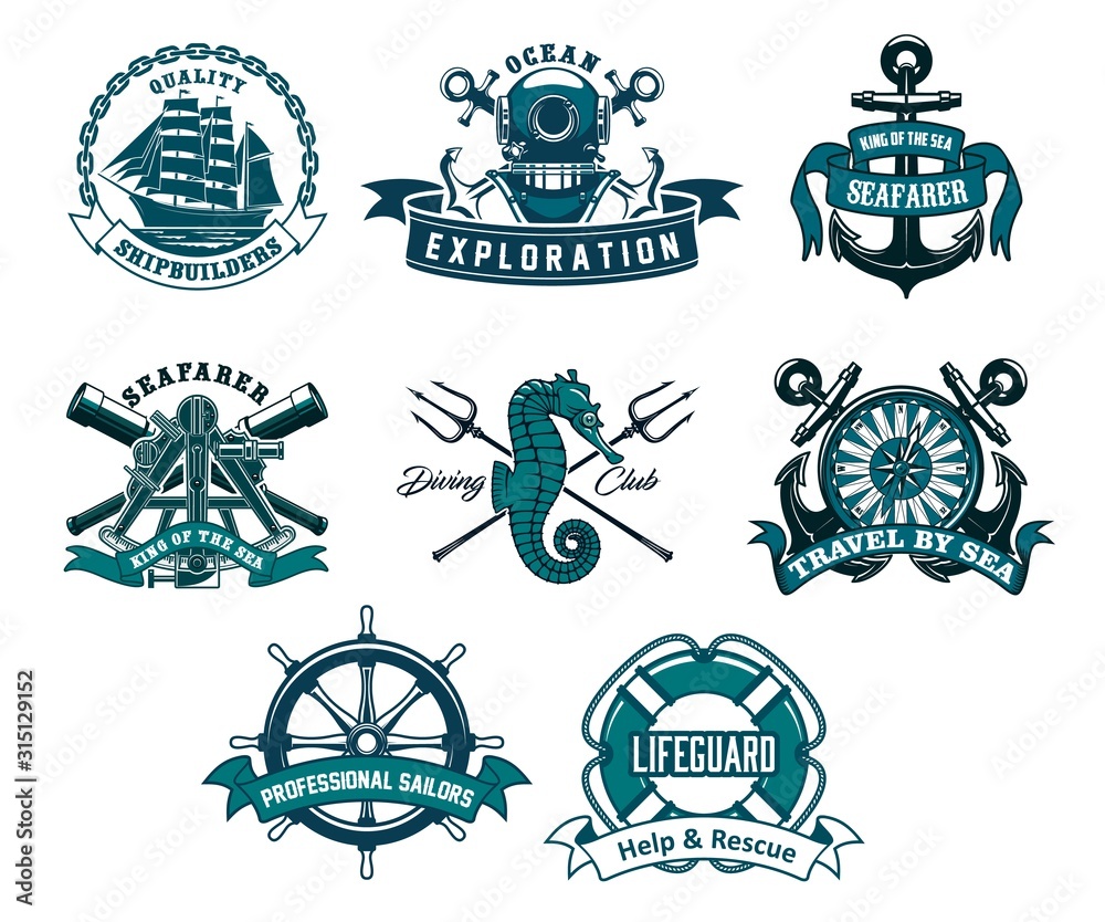 Heraldic ship anchor and helm vector icons, captain spyglass and ...