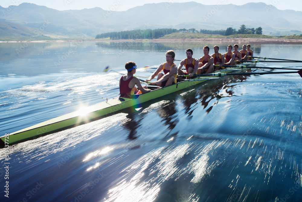 Rowing team rowing scull on lake Stock Photo | Adobe Stock