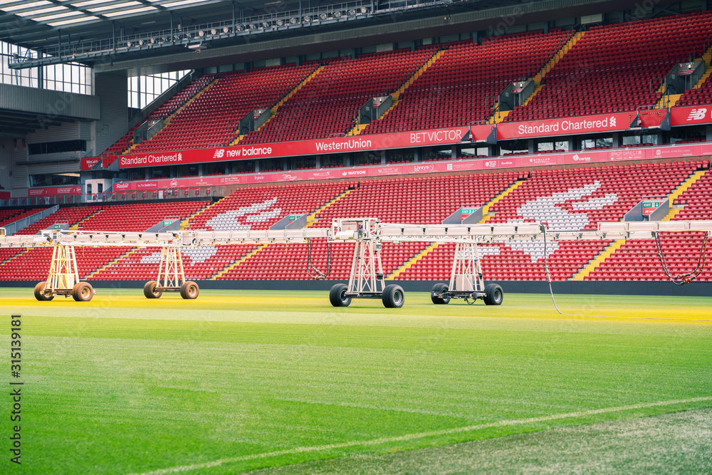 LIVERPOOL, UNITED KINGDOM - October 16, 2018: Seat rows in Anfield ...