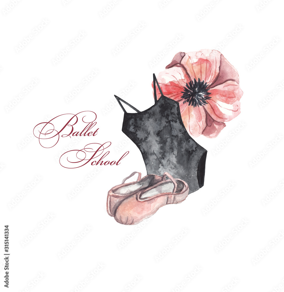 Pointe shoes, leotard and pink flower. Logo ballet studio, ballet ...