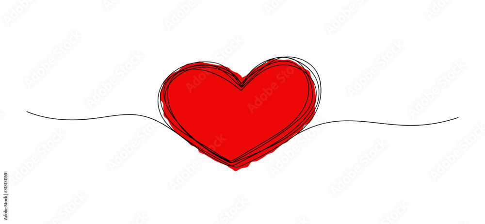 Tangled scribble one line heart. Doodle vector hand drawn grungy round ...
