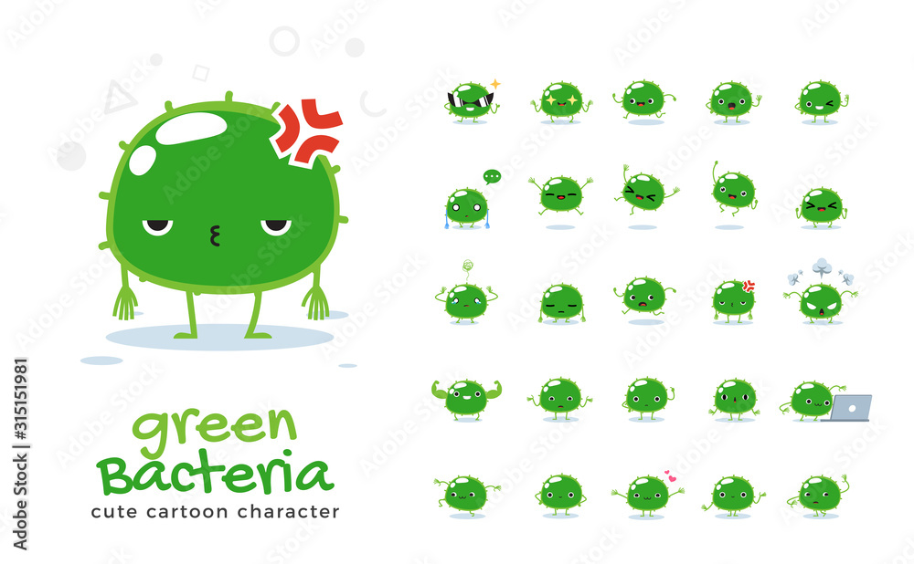 Vector set of cartoon images of Green Bacteria. Vector Illustration ...