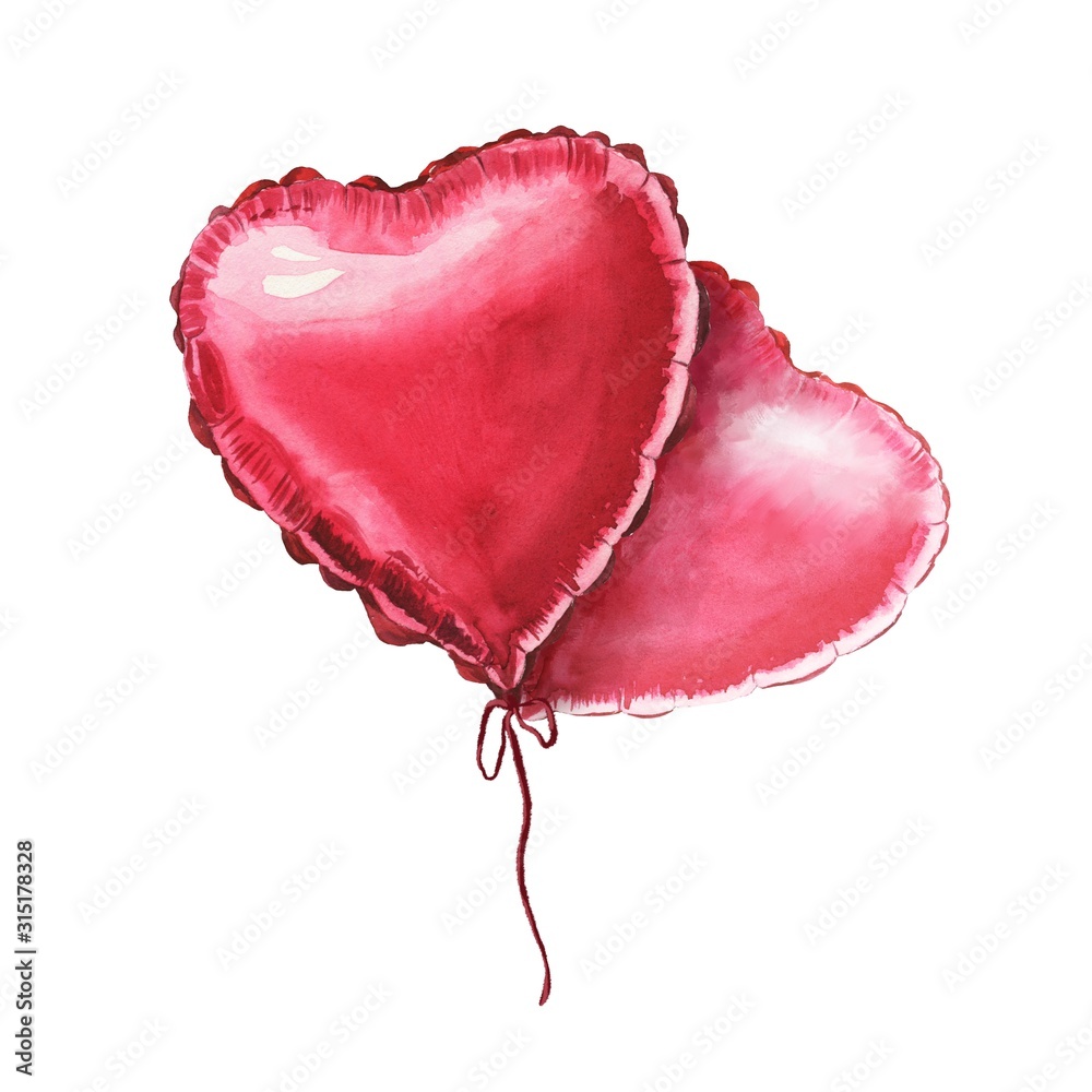 Watercolor two hearts balloons isolated on white background. Hand drawn ...