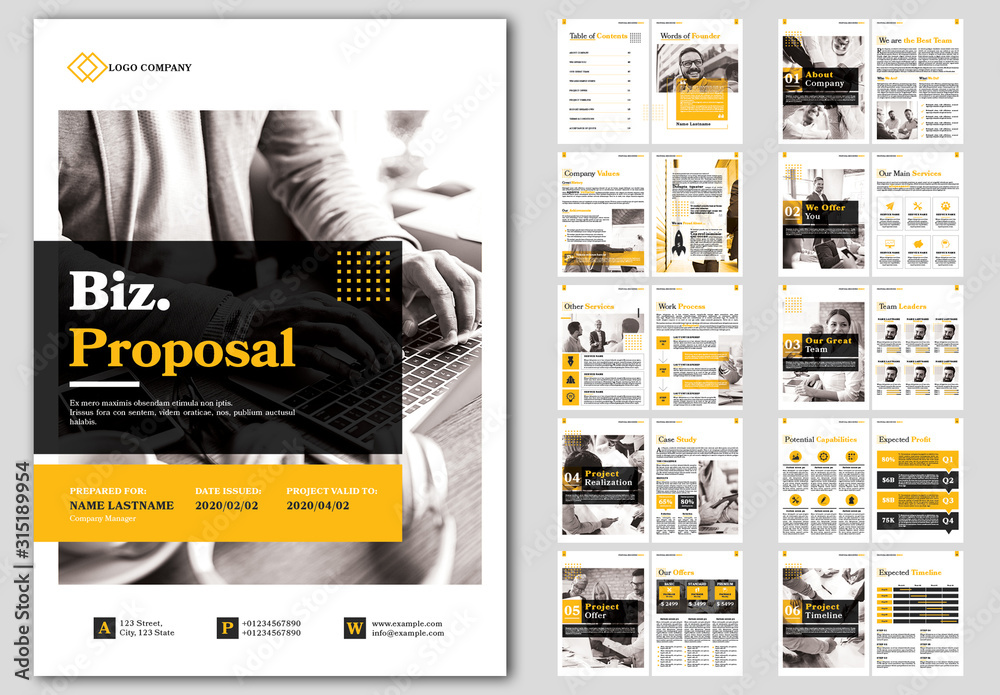Business Proposal Layout with Yellow Accents Stock Template | Adobe Stock