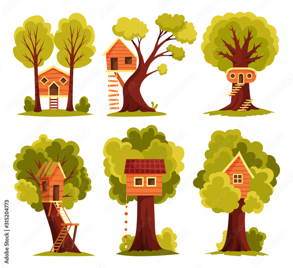 Set of tree house. Children playground with swing and ladder. Flat ...