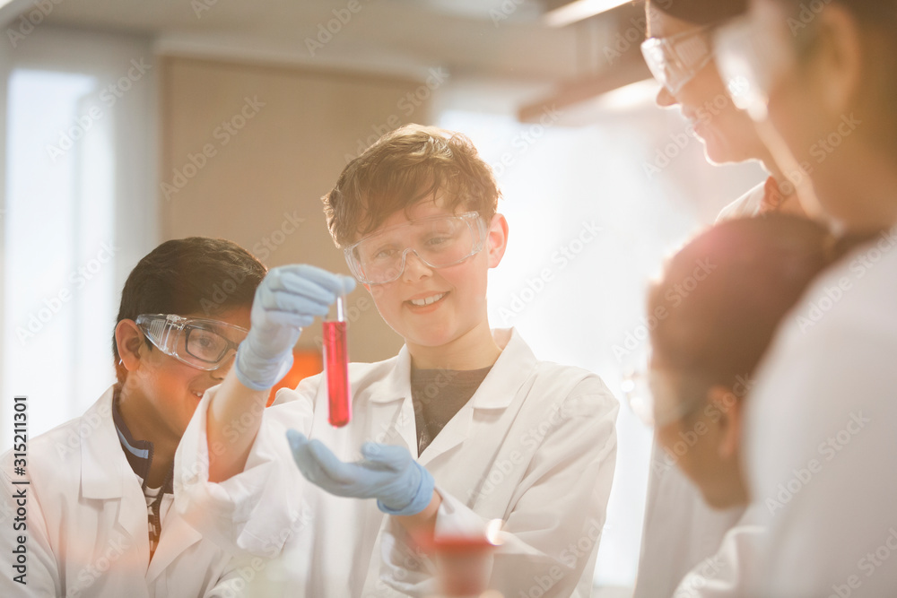 Students examining liquid in test tube, conducting scientific ...