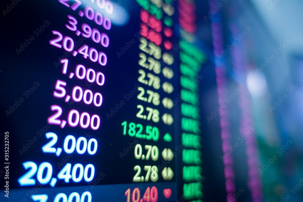 Stock market graph and ticker for businese analysis on LED screen ...