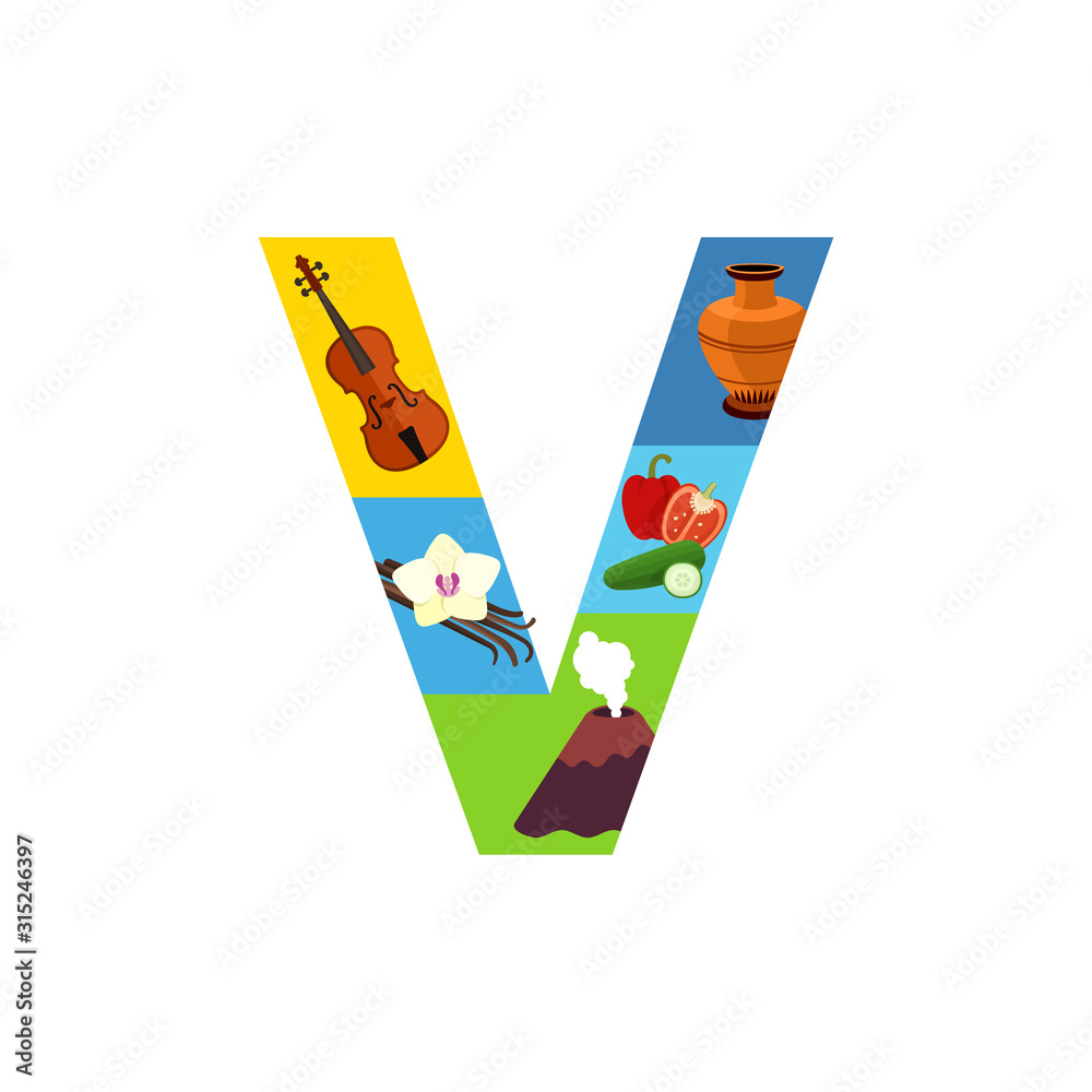 Letter V learning poster for kids. Alphabet and English language ...