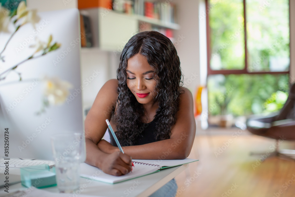 Young woman writing in notebook at computer in home office Stock Photo ...