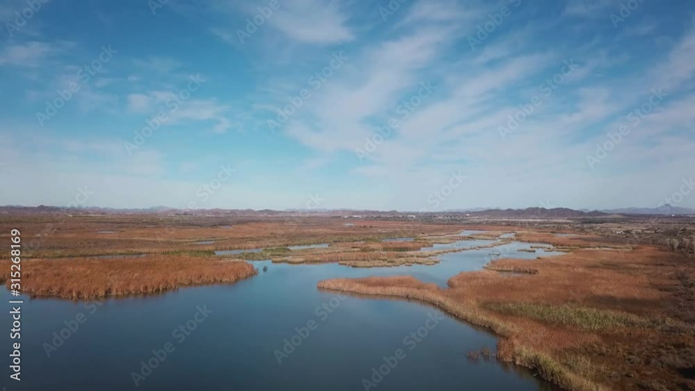 Drone aerial view of the marsh of Mittry Lake Wildlife Area on the ...