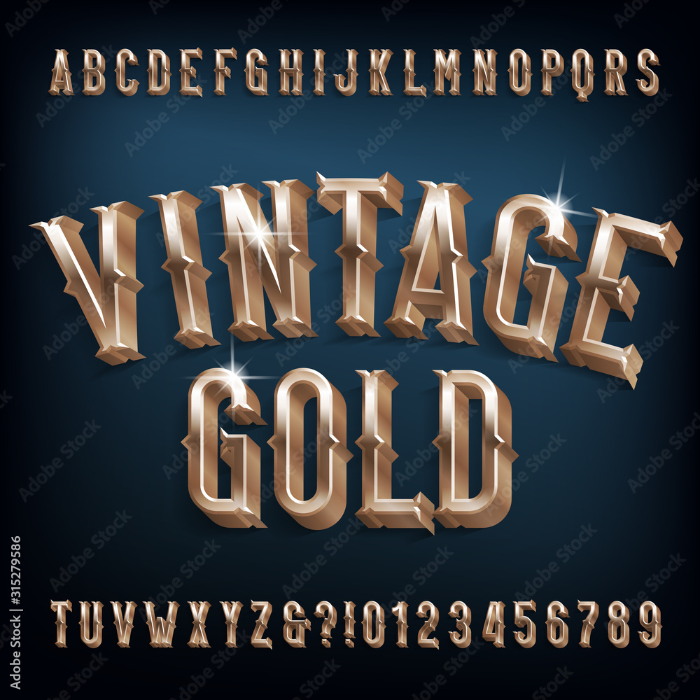 Vintage Gold alphabet font. 3D retro golden letters, numbers and ...