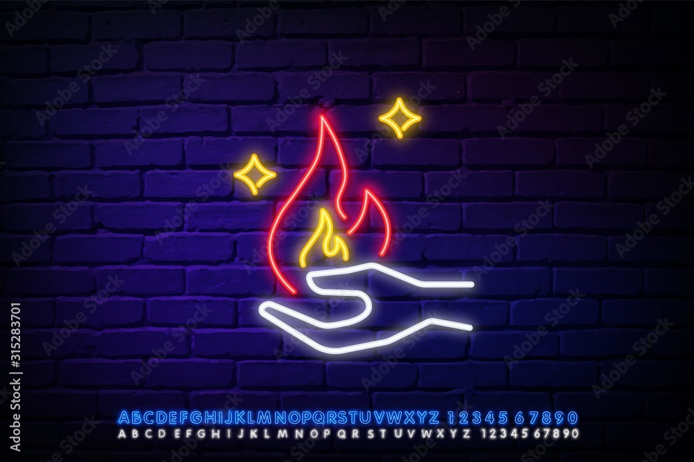 The fire on the arm neon icon. Circus flaming magic fire against a dark ...
