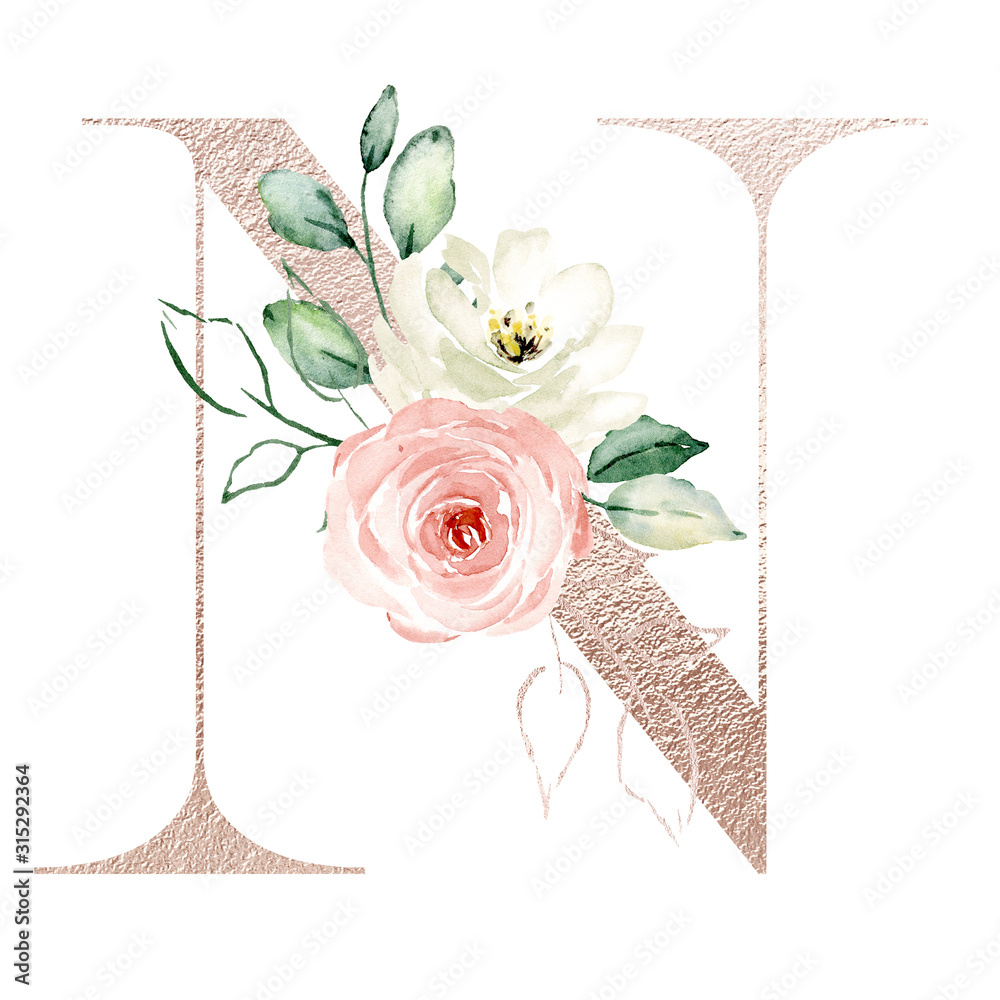 Letter n, gold alphabet letters with watercolor flowers roses and leaf ...