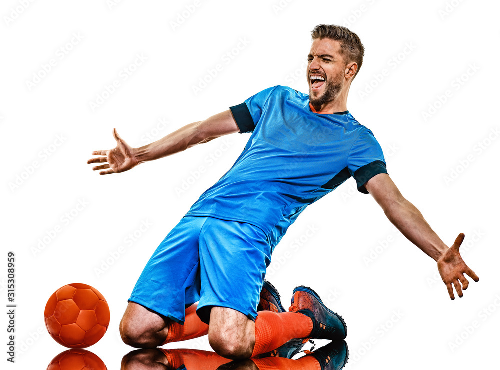 one caucasian youg soccer player man standing in studio isolated on ...