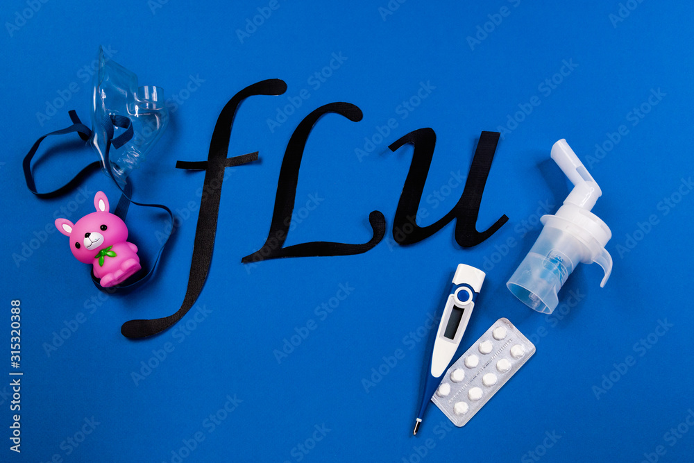 tube mask nebulizer and tubular transparent cable, thermometer, tablets ...