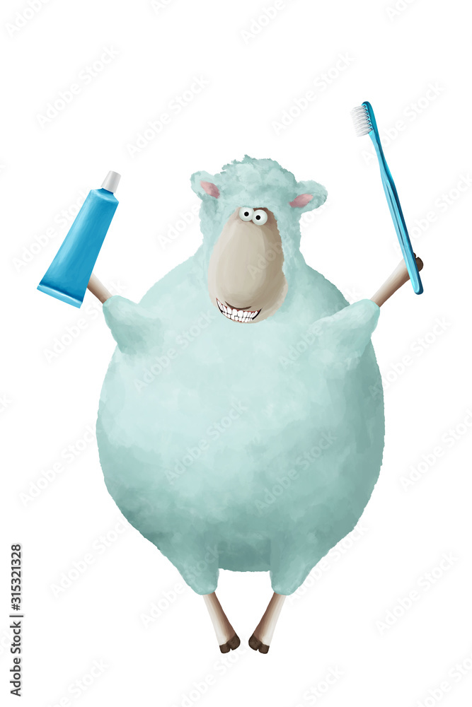 Funny cartoon sheep with tooth- brushes and paste. Positive ...