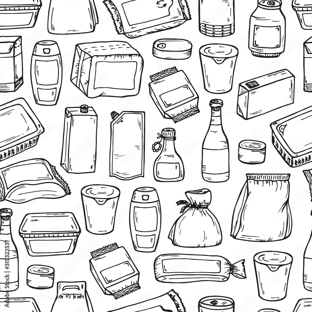 Product packaging Vector Seamless Pattern. Food and drink Packing. Hand ...