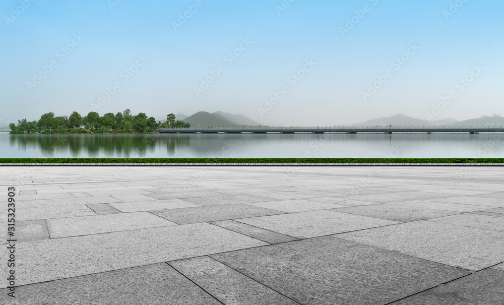 Empty Plaza Floor Bricks and Beautiful Natural Landscape Stock Photo ...