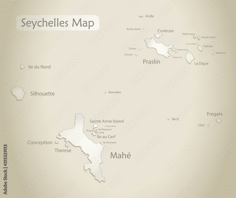 Seychelles map, islands with names, old paper background vector Stock ...