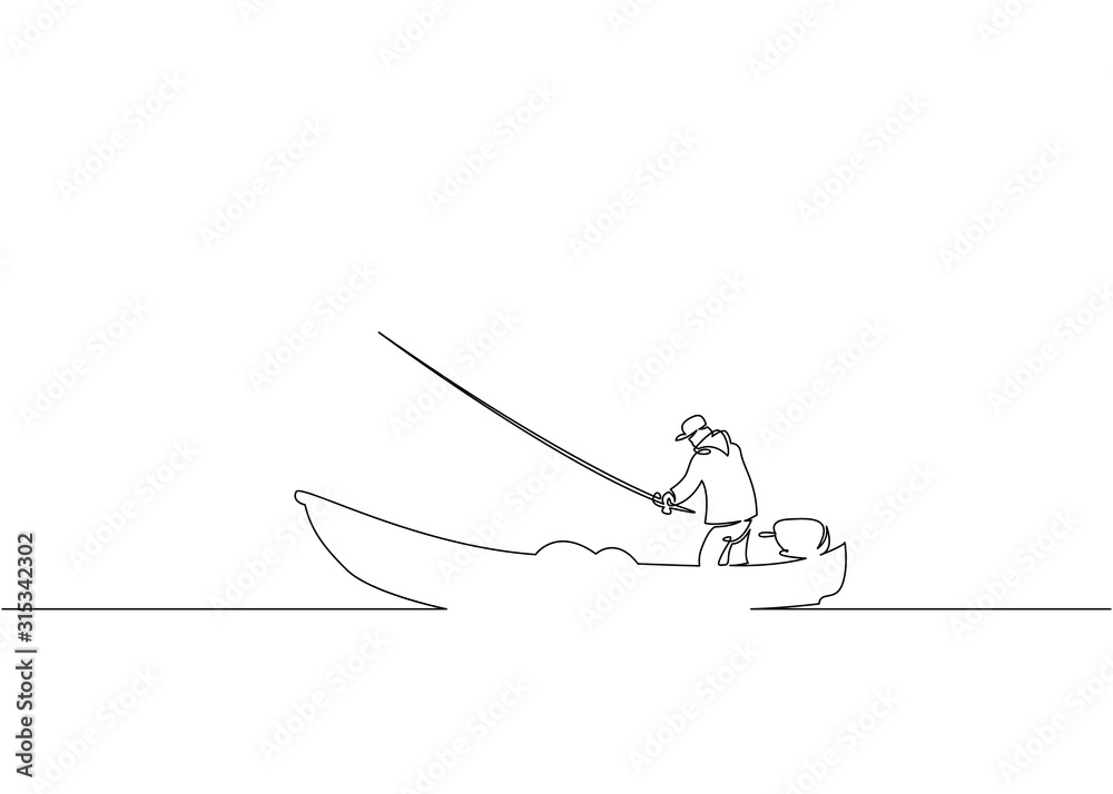 Continuous single drawn one line fisherman in a boat and pier on a ...