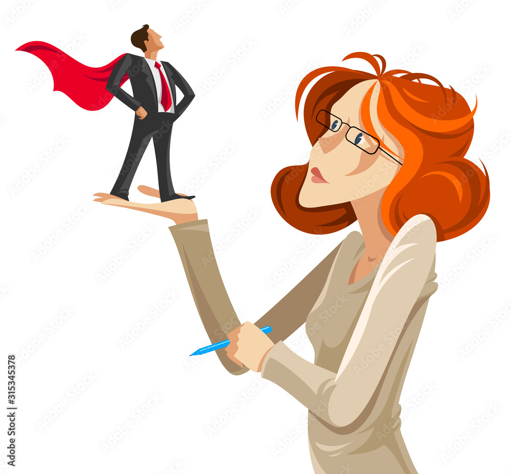 Business woman examine employee man to hire vector cartoon illustration ...
