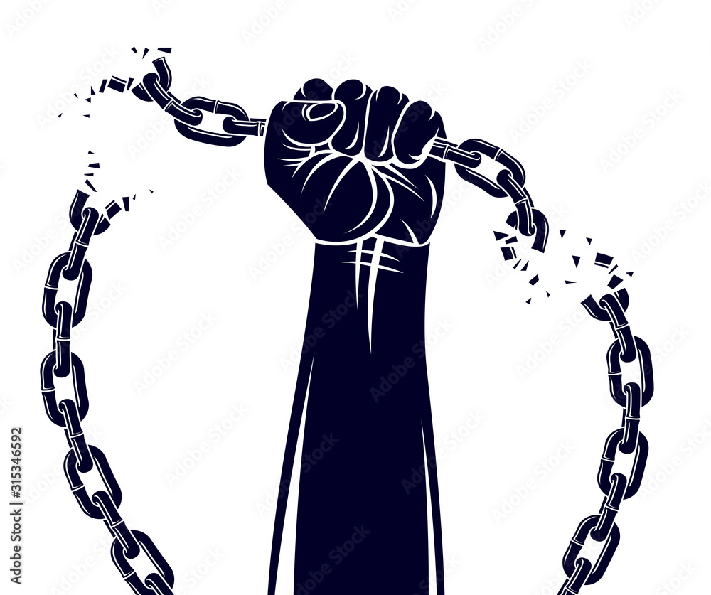 Strong hand clenched fist fighting for freedom against chain slavery ...