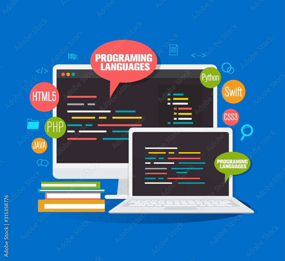 programing languages banner, coding, flat illustration concept Stock ...