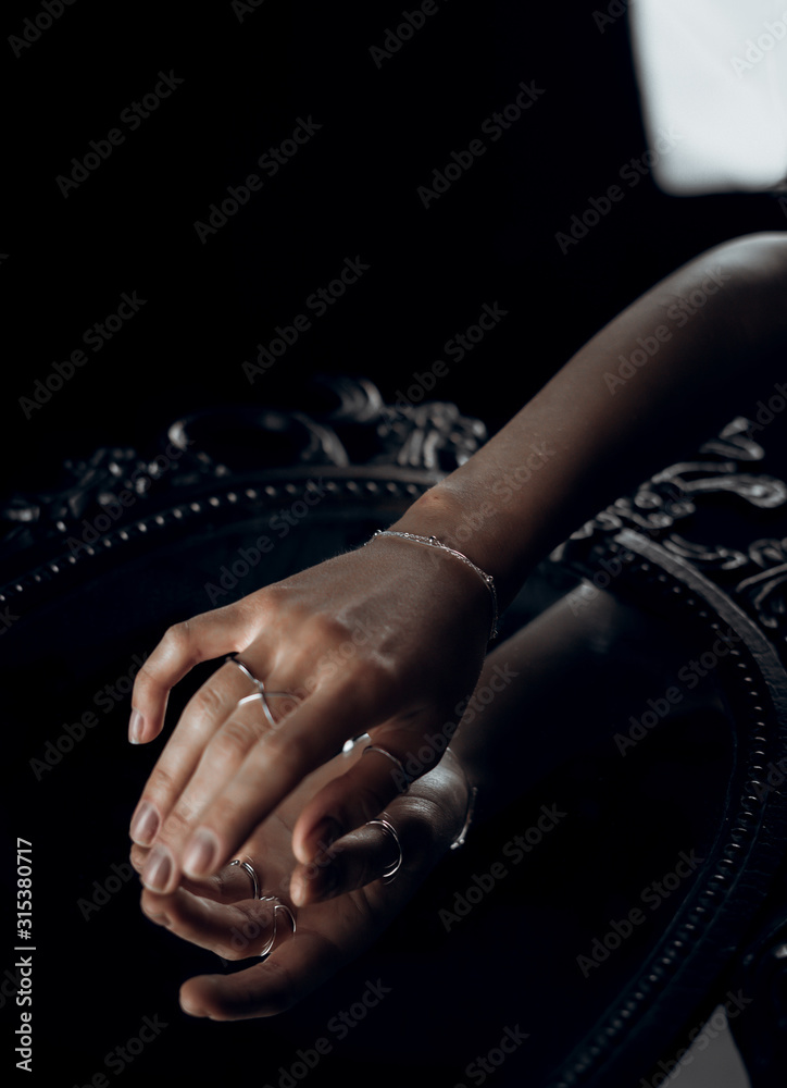 girl hands with luxury silver jewerly on mirror reflection Stock Photo ...