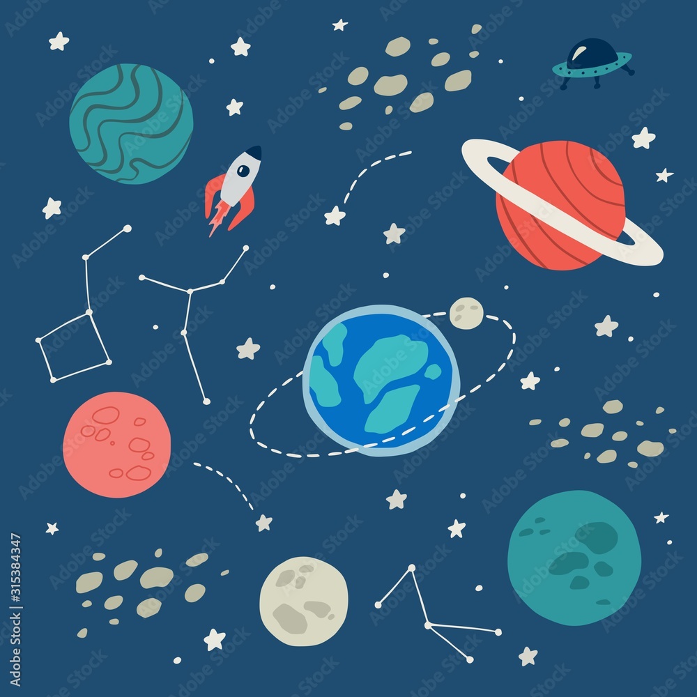 Cartoon galaxy concept. Planets in space. Vector illustration. Stock ...