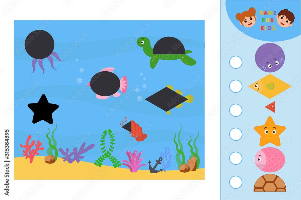 Educational game for kids. Geometric shapes in the underwater world ...