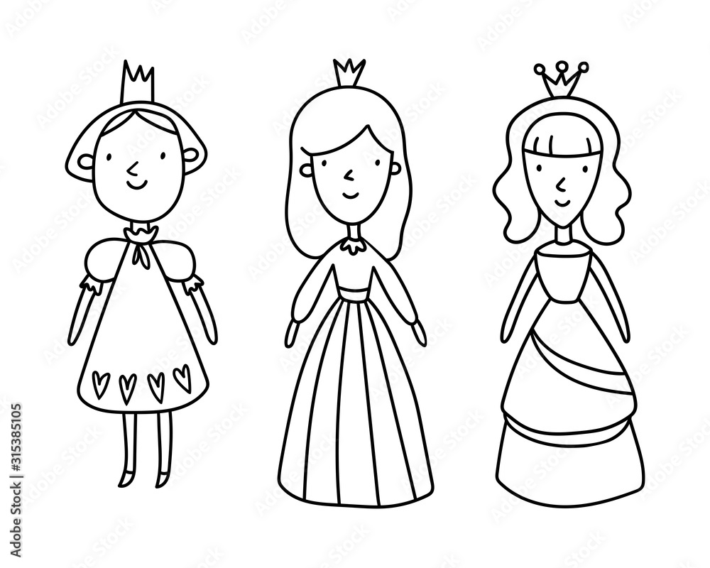 Cute kawaii princess vector set. Three little beautiful princesses ...