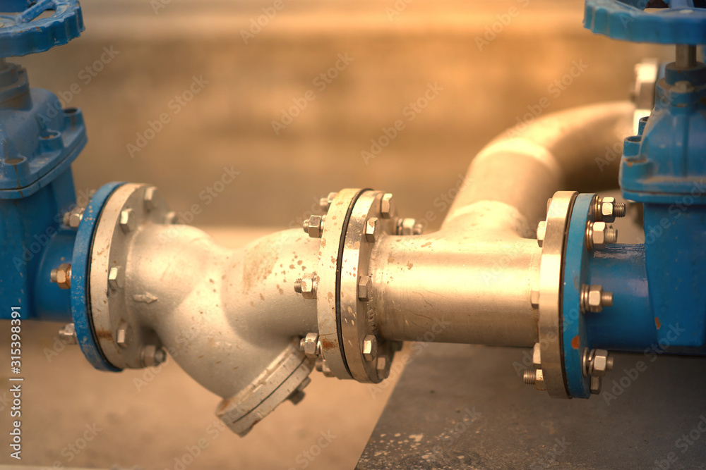 junction of Tap valve of Metal pipe line in industrial construction ...
