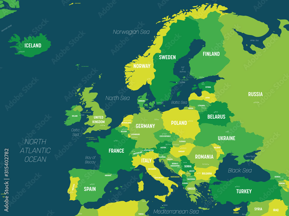 Europe map - green hue colored on dark background. High detailed ...