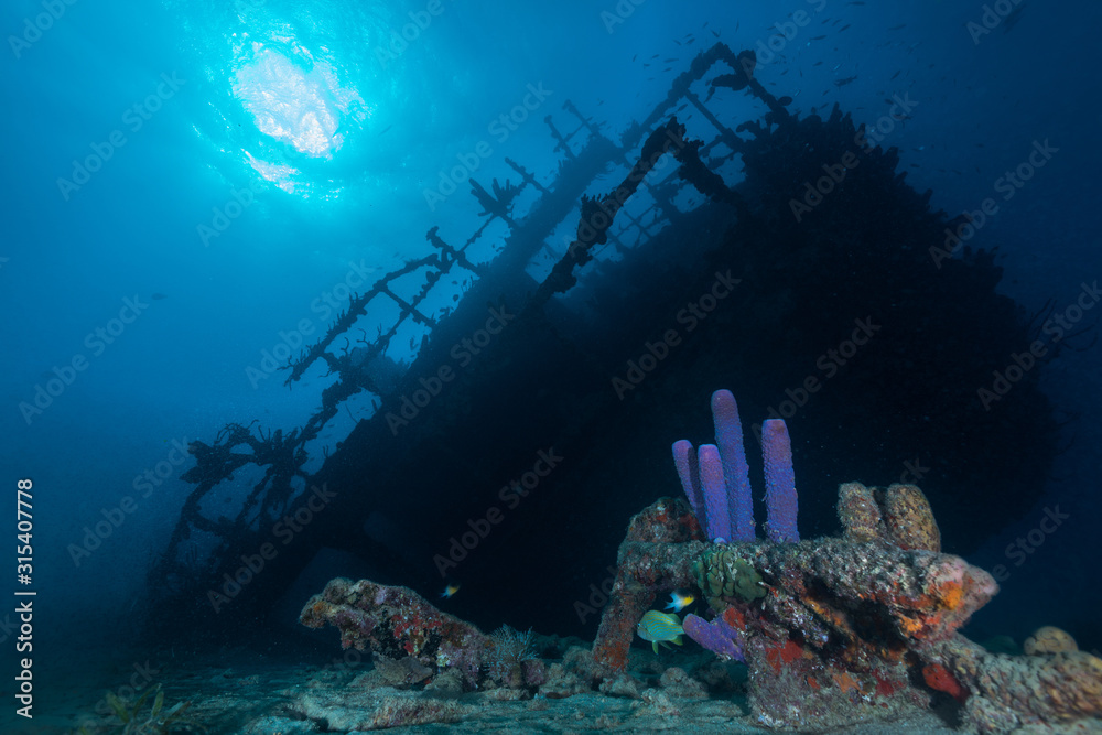 Old wreck ship on underwater bottom of coral reef with tropical fish ...