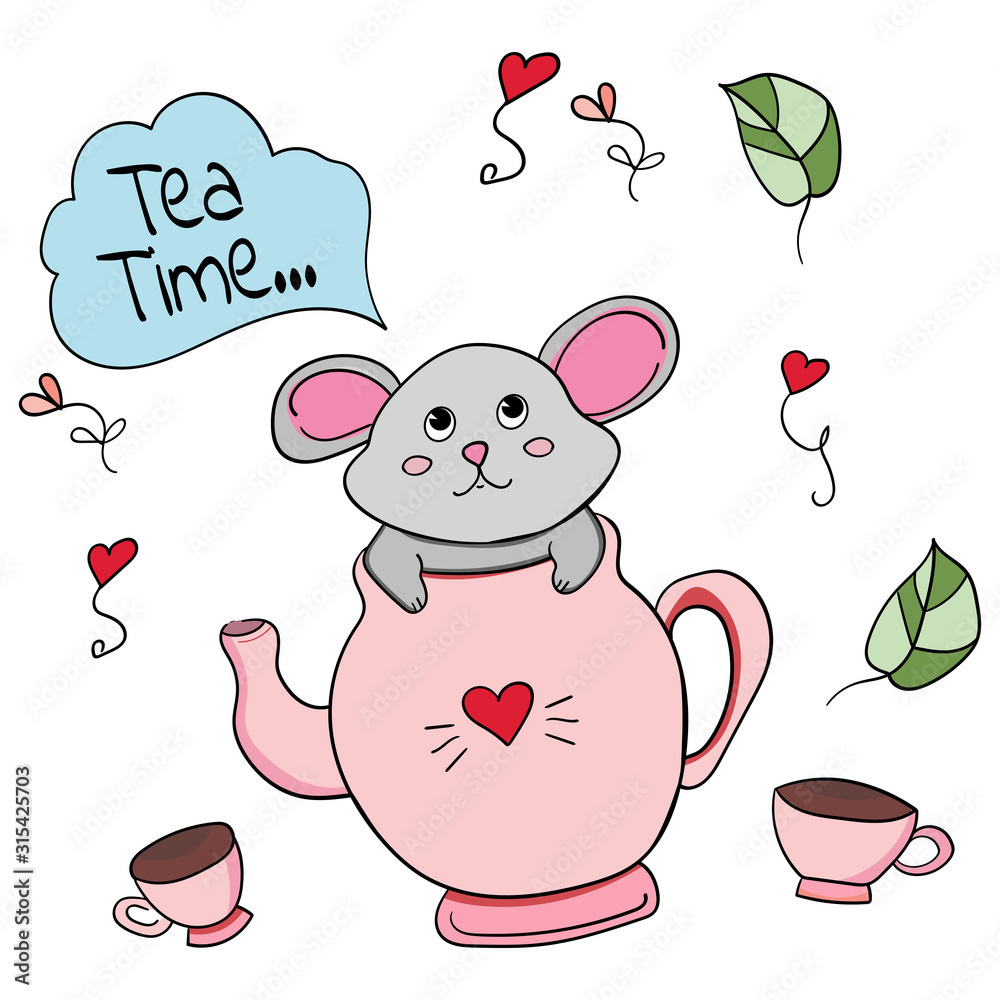 Mouse or rat dsoodle a symbol of the year 2020 in a teapot. Tea-set ...