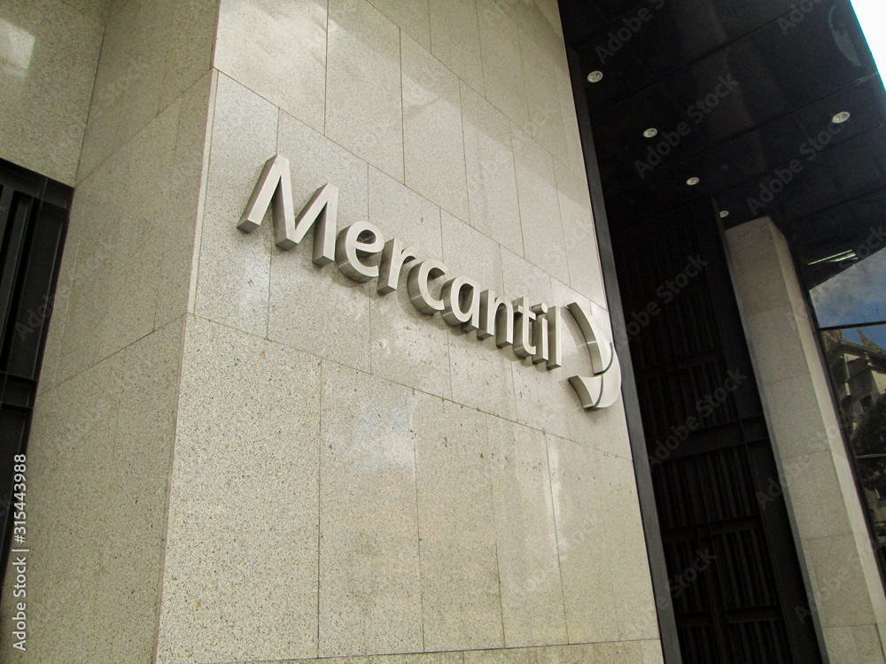 Logo of the iconic Banco Mercantil, at its headquarters. on August 29 ...