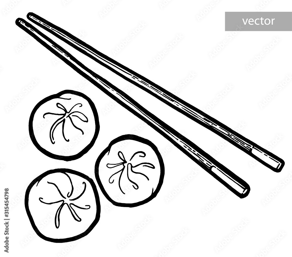 Dim sum. Black and white linear graphic. Vector. Asian food. Chinese ...