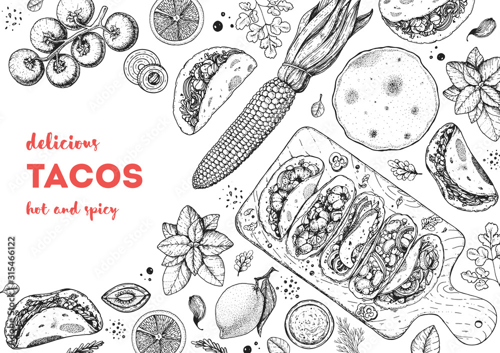 Tacos cooking and ingredients for tacos, sketch illustration. Mexican ...