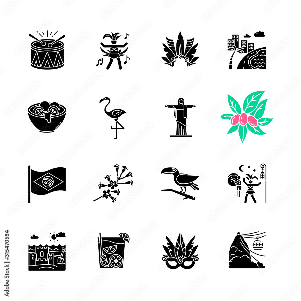 Brazilian carnival black glyph icons set on white space. Street party ...