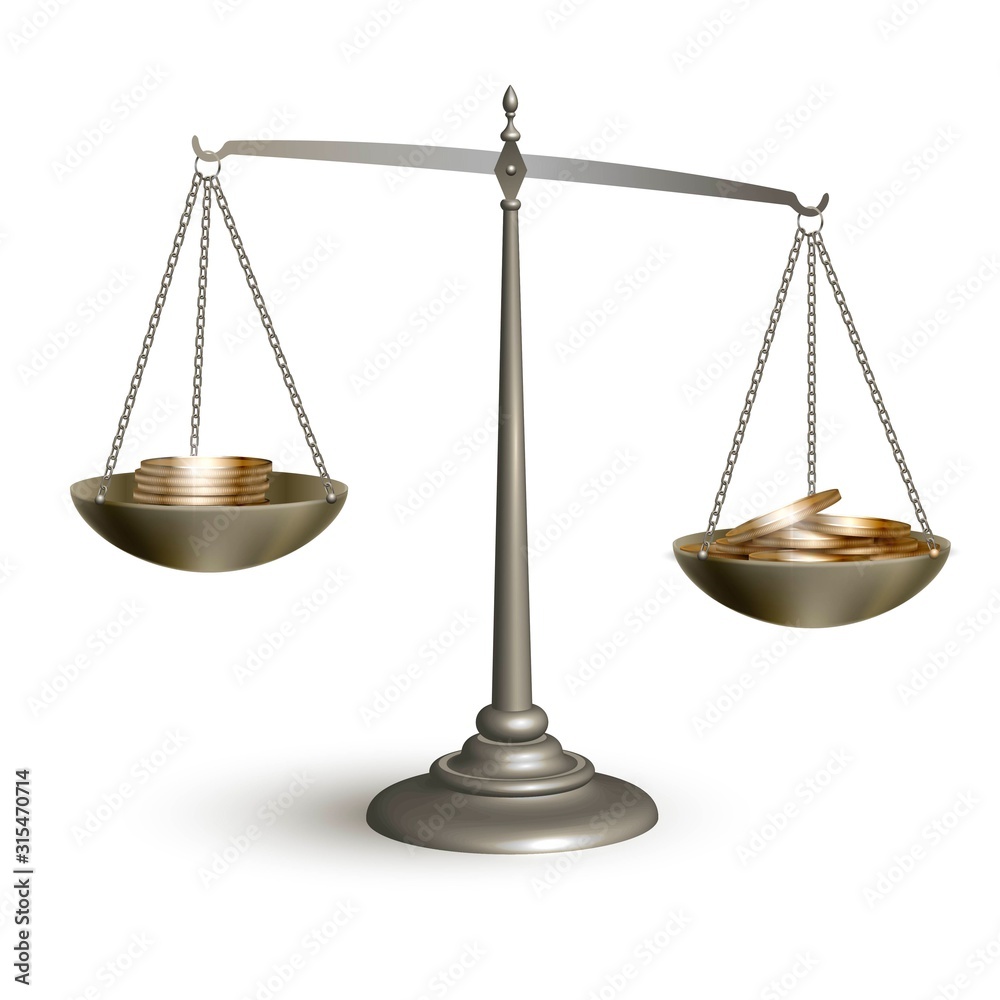 Vintage scales on a white background with gold coins, weighing and ...