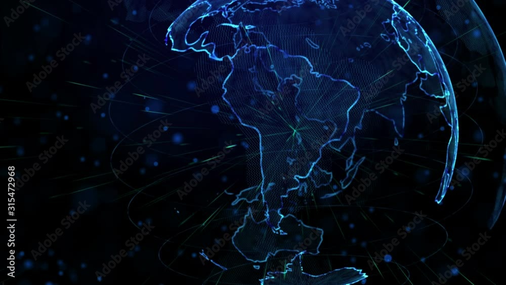 Digital planet of Earth. Globe with shining continents. 3D animation ...