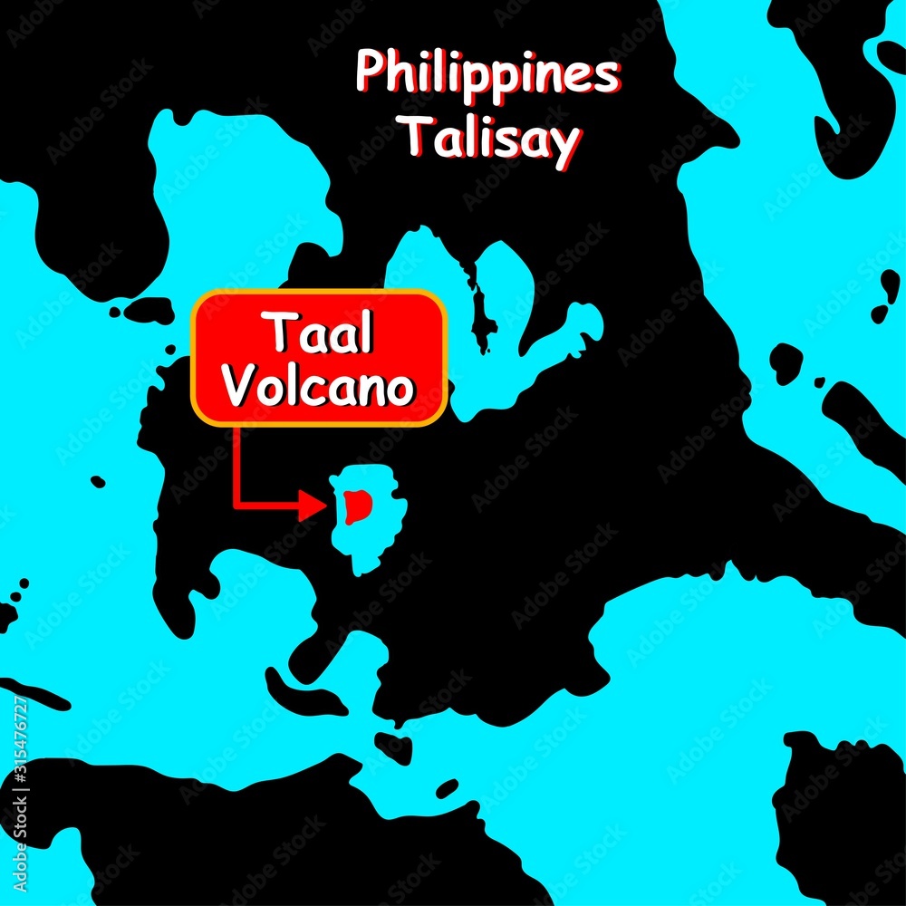 Volcano Taal on map islands. Silhouette. Eruption. Disaster on the ...