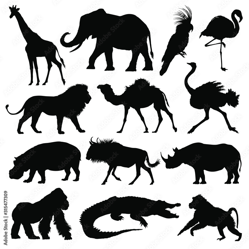 African animals silhouettes set. Giraffe, elephant, antelope ...