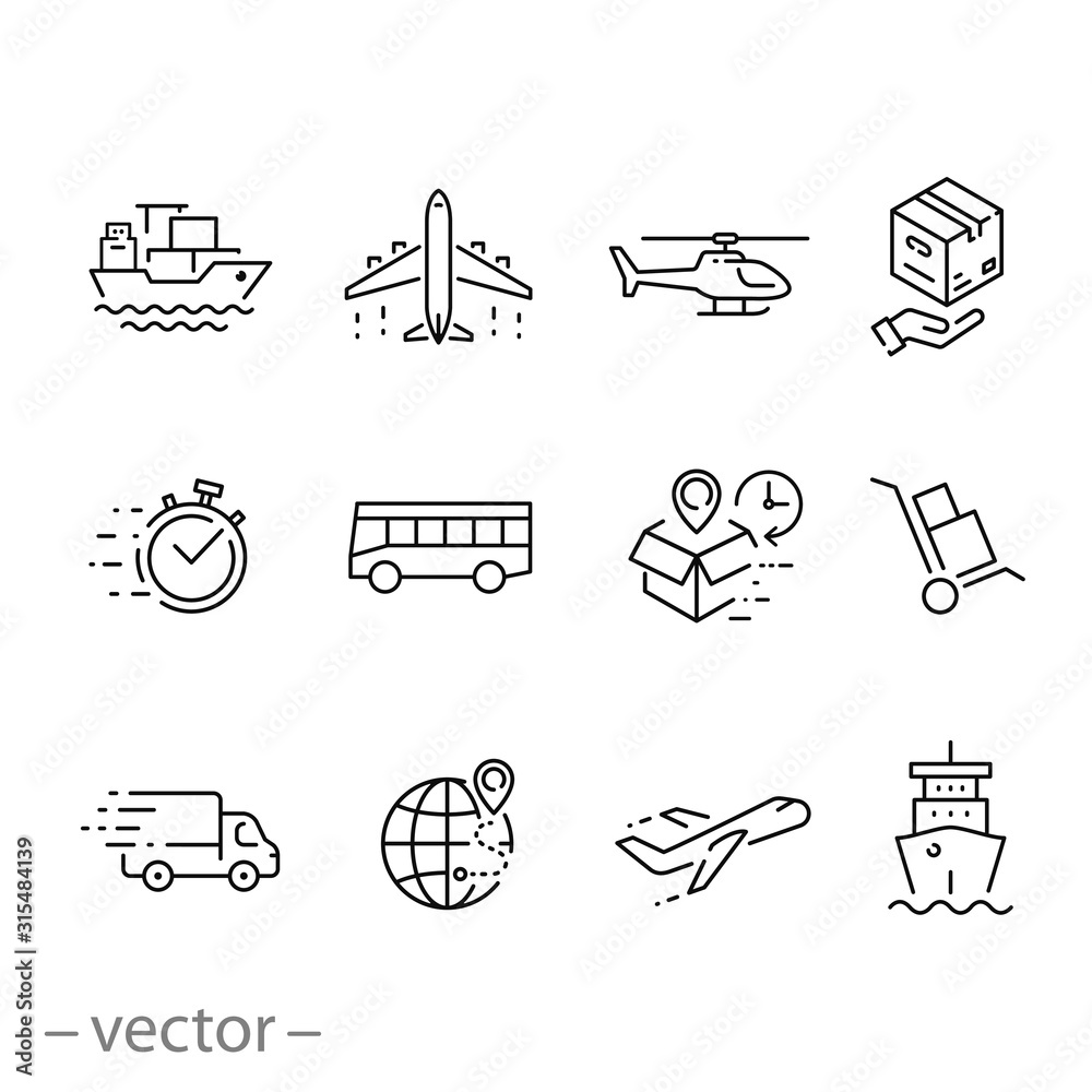 transport logistics icon set, delivery cargo, courier service, thin ...