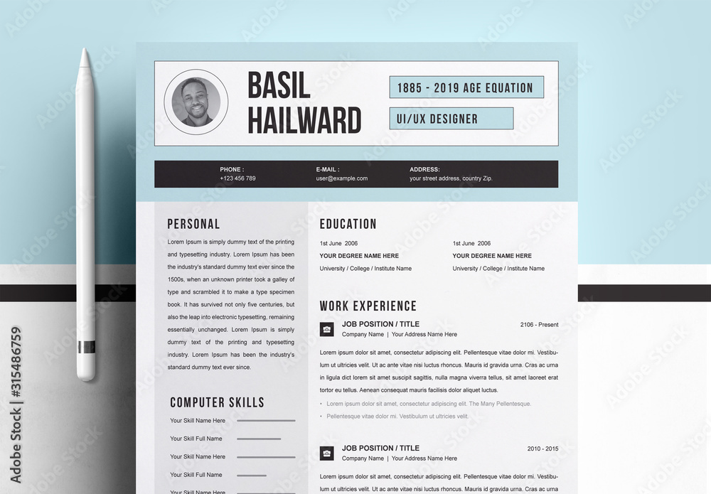Resume Layout with Light Gray Header and Mint Green Accents Stock ...