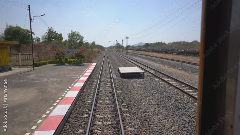 Runing train concept, last bogie bridge stairs on back train running on ...